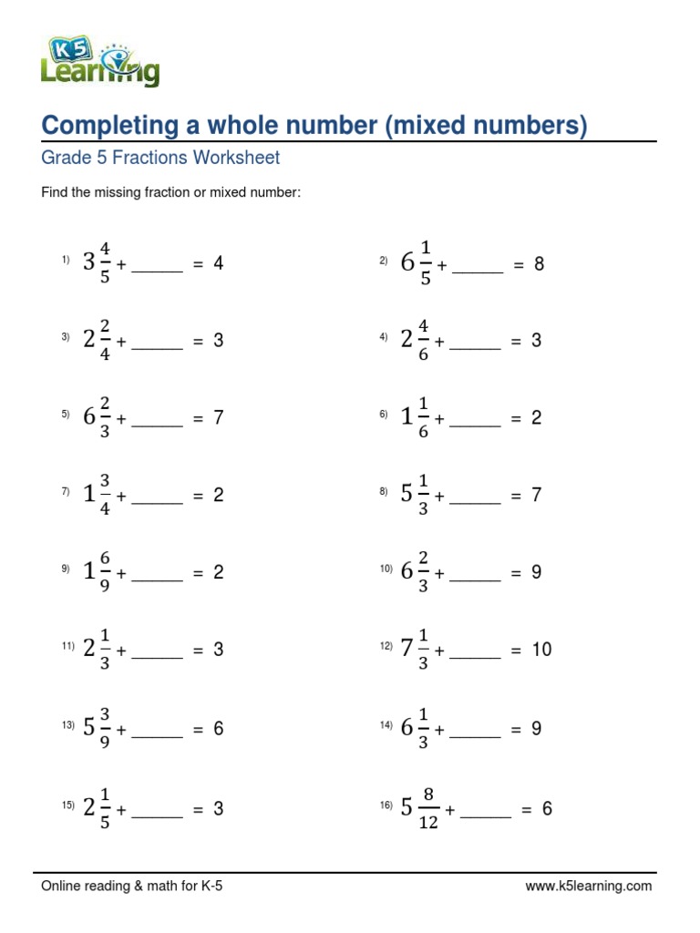 Grade 5 Completing Whole Number Mixed Numbers D 1 | PDF | Notation ...