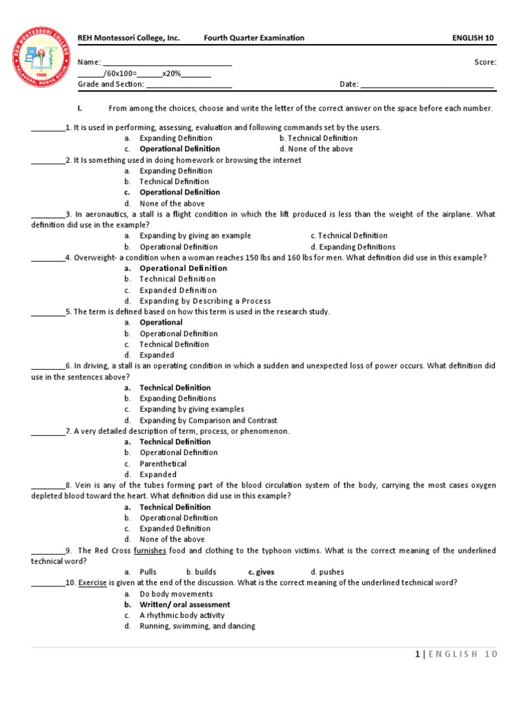 Grade 10 4TH Quarter Examination | PDF | Cognitive Science