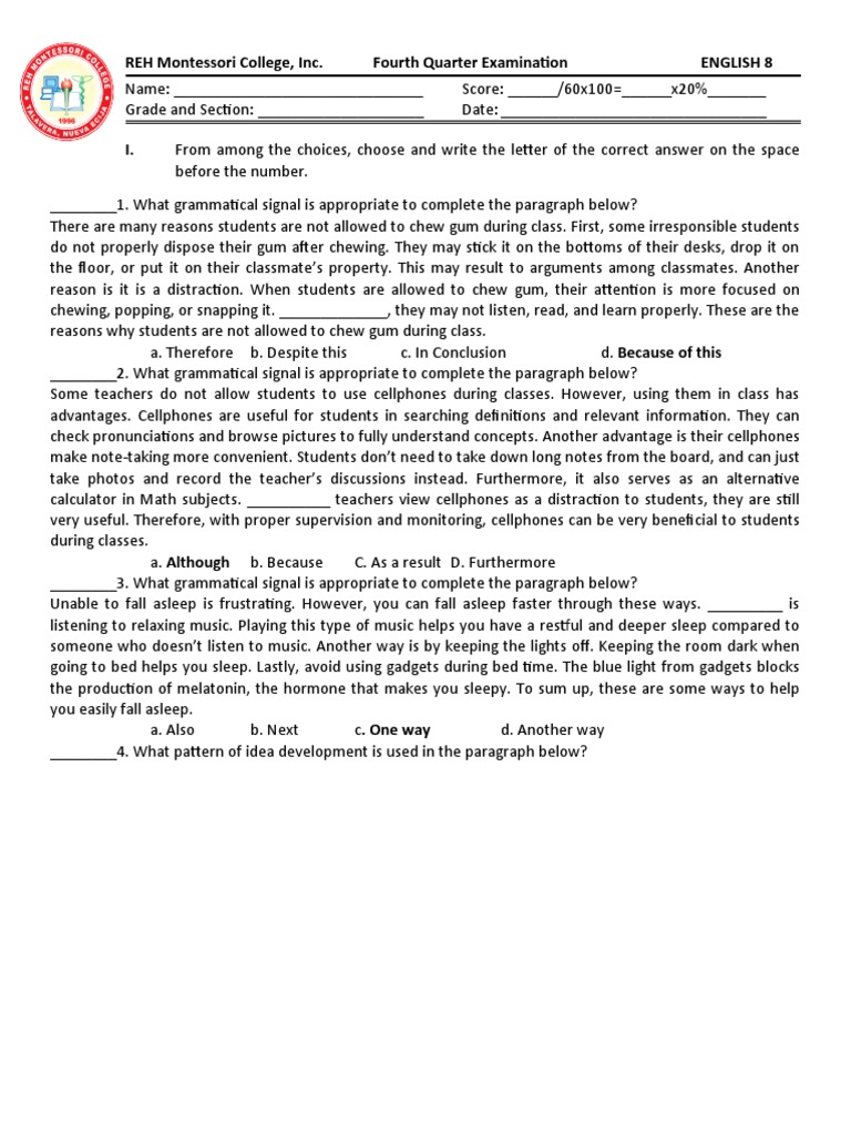 Grade 8 4TH Quarter Exam | PDF | Smoking | Causality