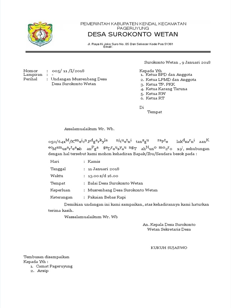 Contoh Surat Undangan Rapat Musyawarah Desa - Format Klasik | PDF