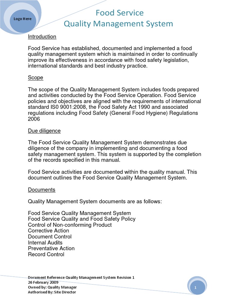 Food Service Quality Management System | PDF | Quality Management ...