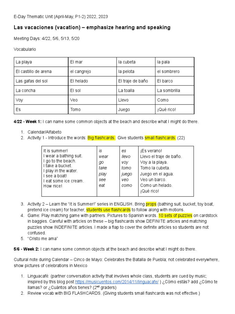 E-Day 10 Las Vacaciones Vacation Thematic Unit - k-2 April-May | PDF E-Day 10 Las Vacaciones Vacation Thematic Unit - k-2 April-May | PDF