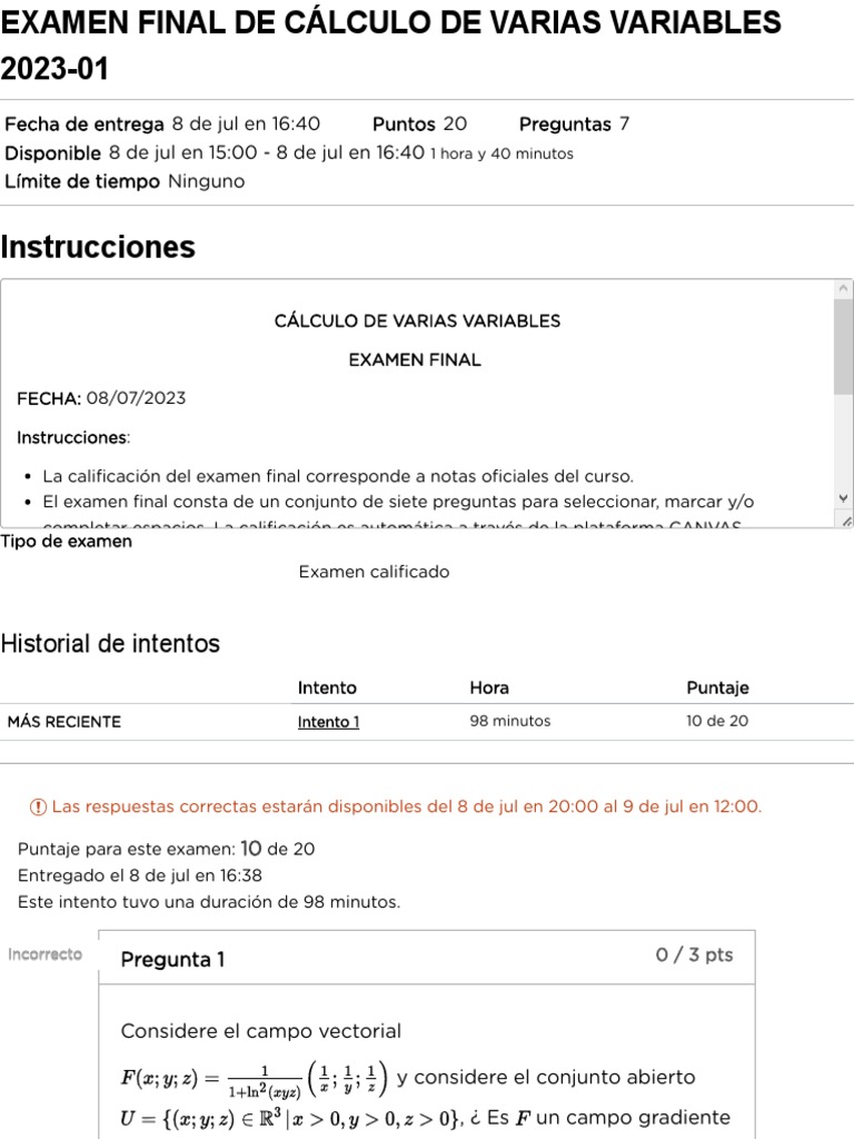 Examen Final de Calculo de Varias Variables 2023-01 289298 - Calculo de Varias Variables - 2023 ...