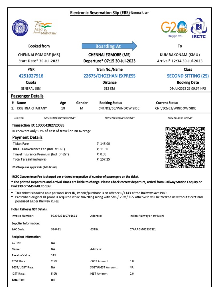 22675/chozhan Express Second Sitting (2S) | PDF | Identity Document