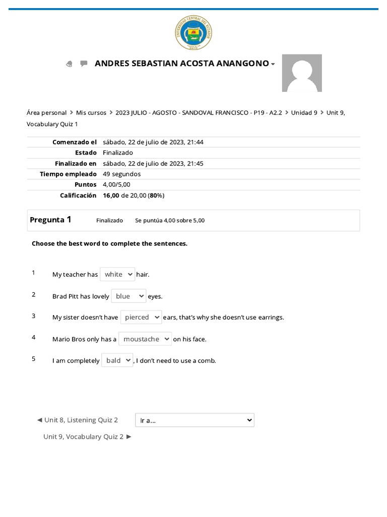 Unit 9, Vocabulary Quiz 1 - Revisión Del Intento | PDF