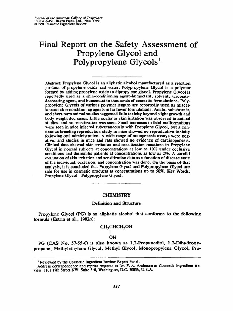 1994 Final Report On The Safety Assessment of Propylene Glycol and Polypropylene Glycols | PDF ...