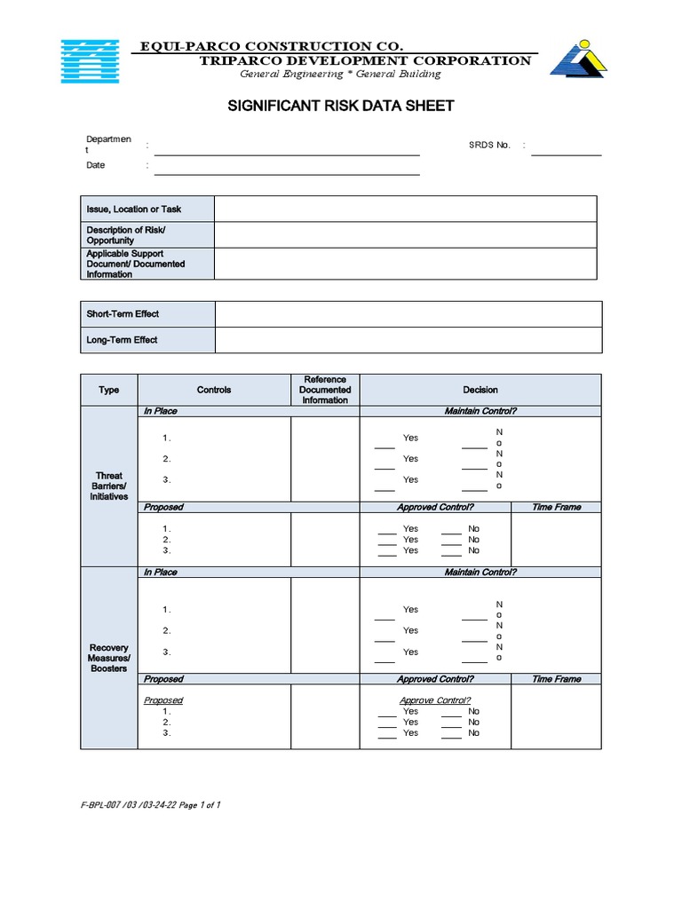 F-BPL-007 Significant Risk Data Sheet (WITH TIMELINE) - Edited | PDF