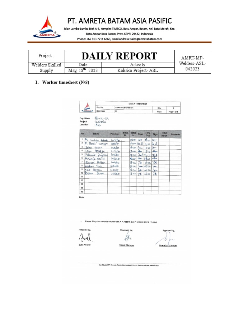 Daily Report-Amreta Project-ASL - Welders - 18052023 | PDF | Industrial ...