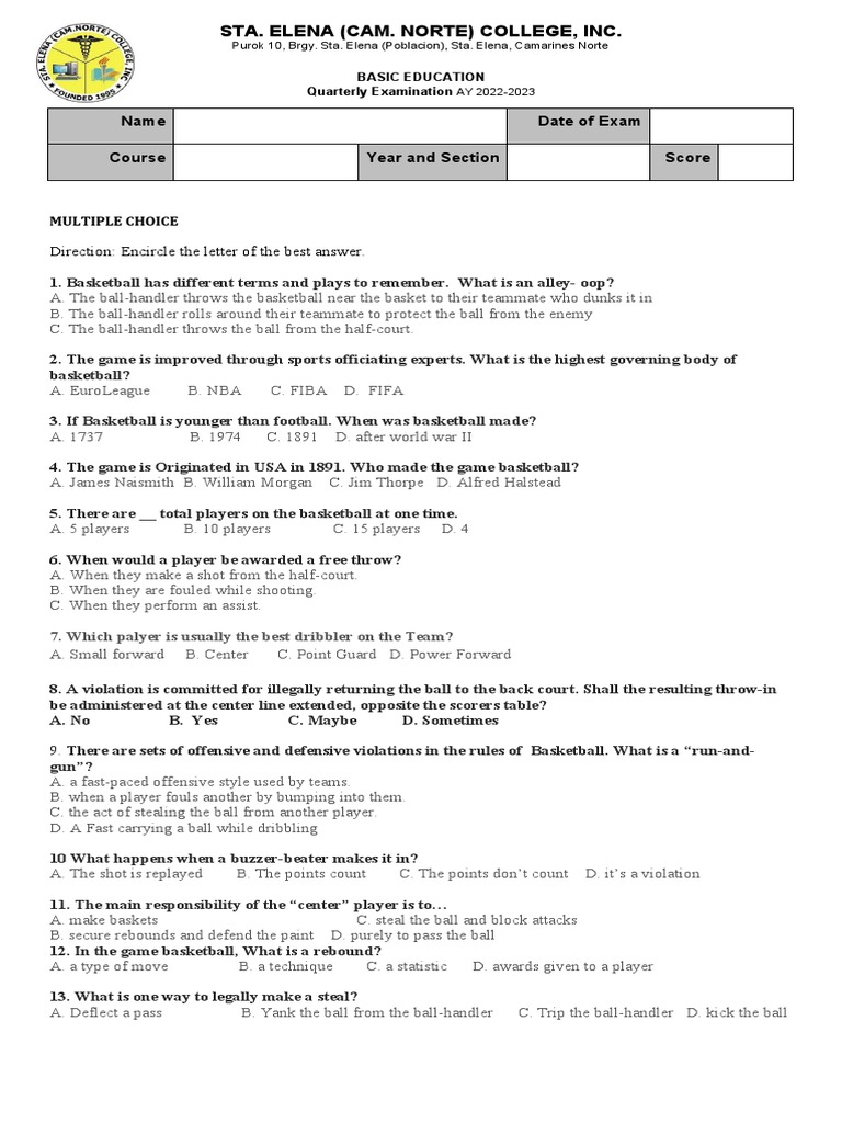 PE 4 Quarterly EXAm | PDF | Games Of Physical Skill | Sports