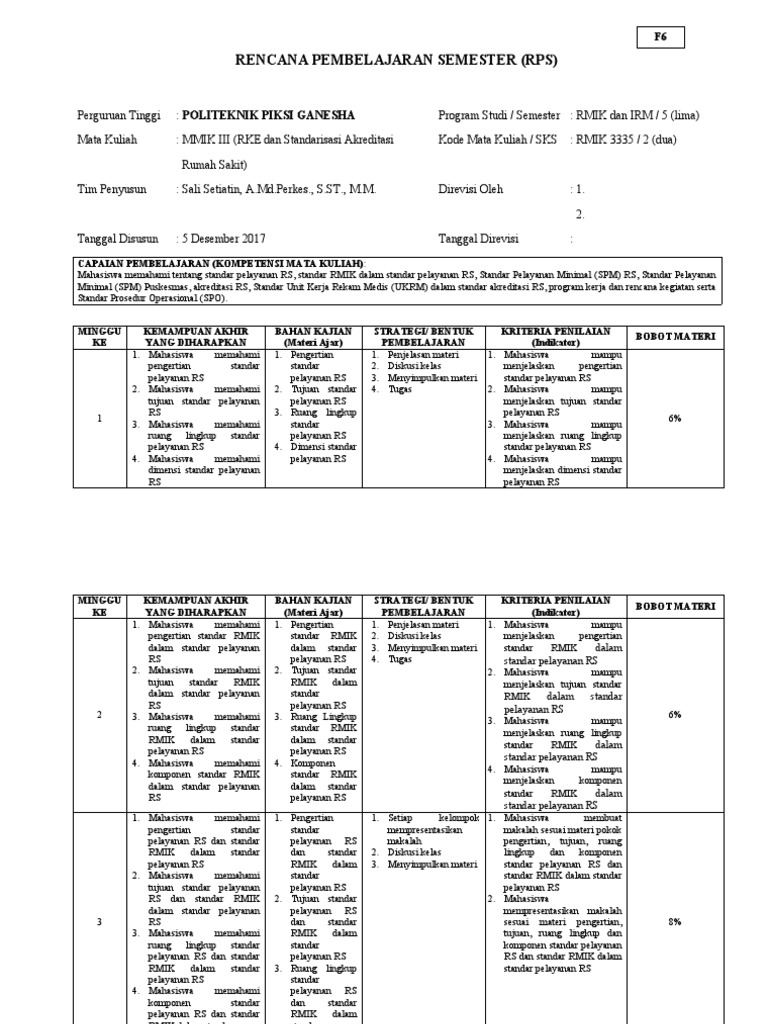 F6. Rencana Pembelajaran Semester (RPS) - Format Piksi - MMIK III | PDF