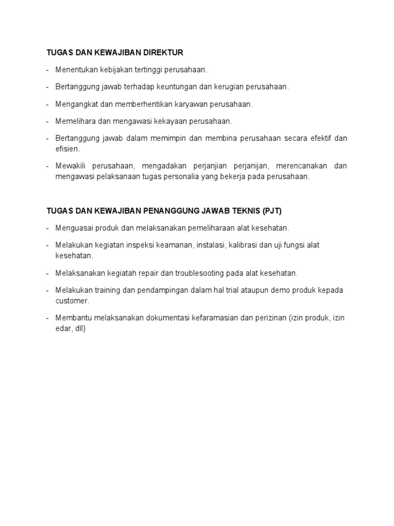 Uraian Tugas Direktur Dan PJT Alkes | PDF