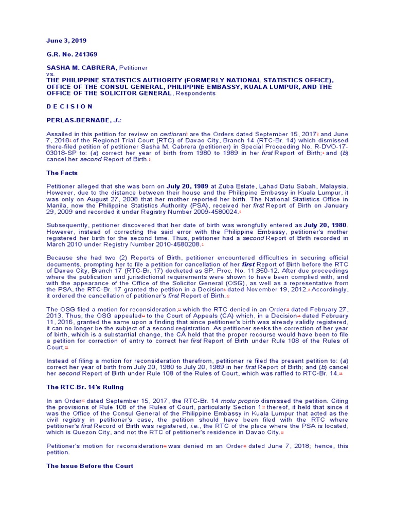 SASHA M. CABRERA, Petitioner vs. THE PHILIPPINE STATISTICS AUTHORITY ...