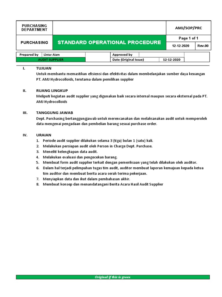 SOP - Audit Supplier | PDF | Bisnis | Pengelolaan Keuangan & Uang