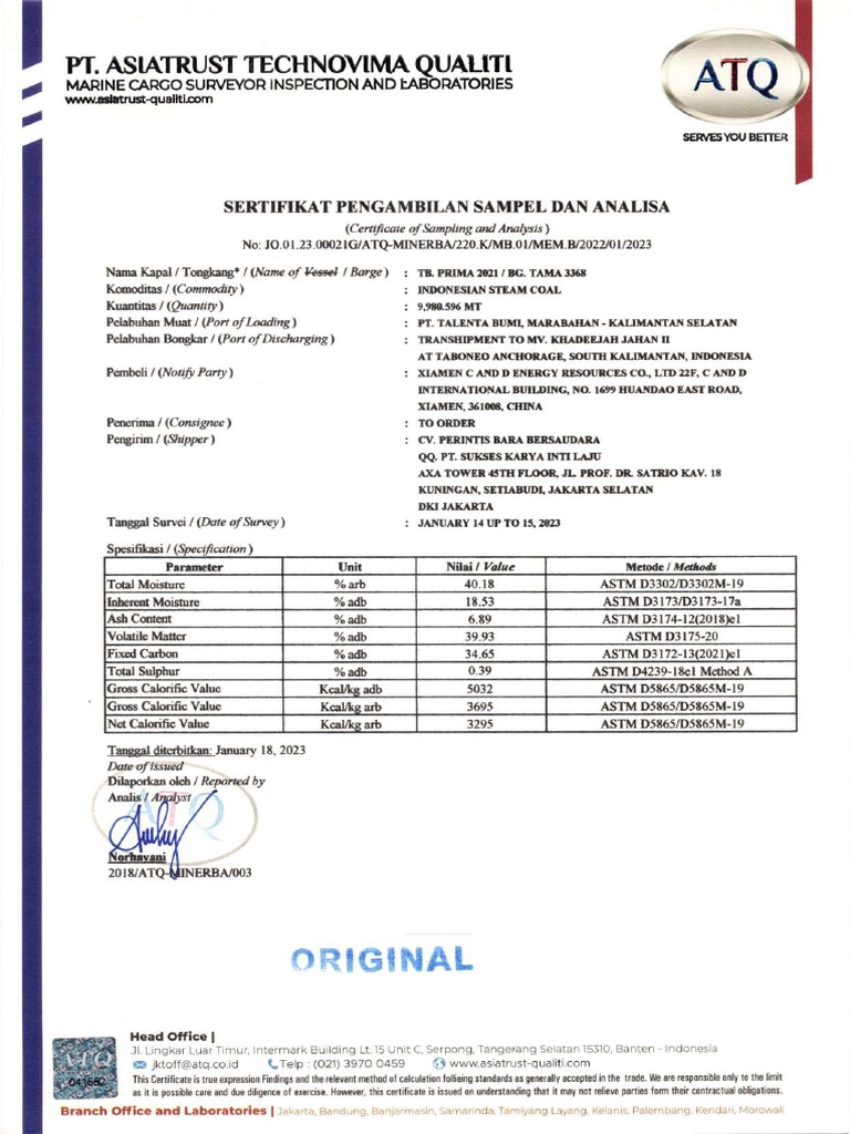 COA - BG TAMA 3368 - MV Khadeejah Jahan II - Compressed | PDF