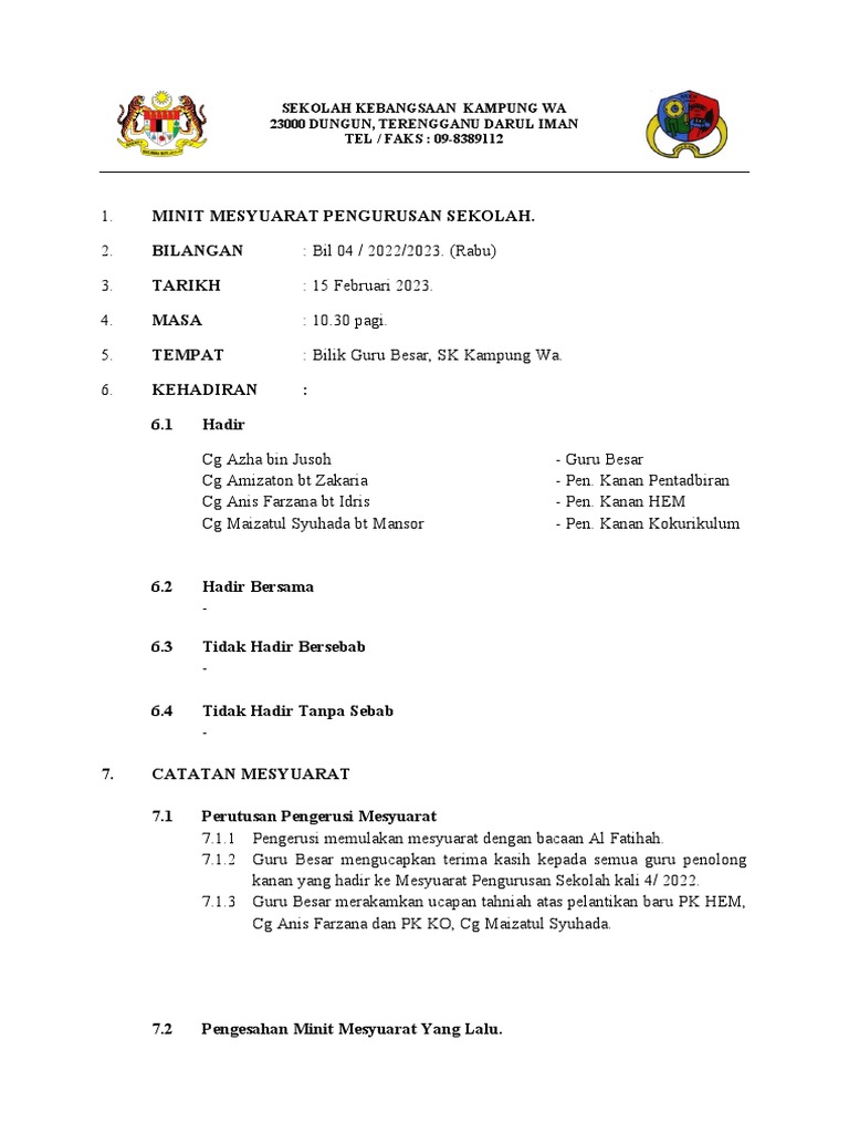 MINIT MESYUARAT pengurusan 1 2023 | PDF