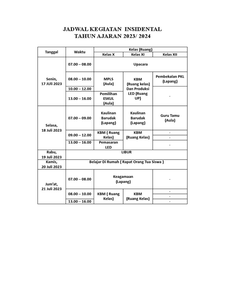 Jadwal Kegiatan Insidental | PDF