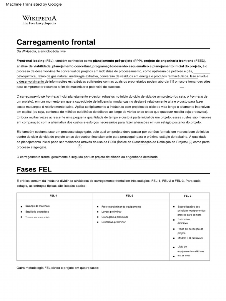 Front-End - Loading (FEL) Wikipédia TRADUZIDO | PDF