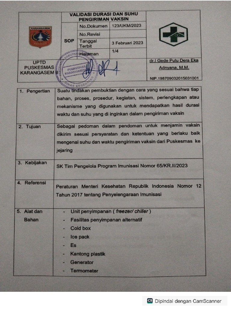 SOP Validasi Durasi Dan Suhu Pengiriman Vaksin | PDF