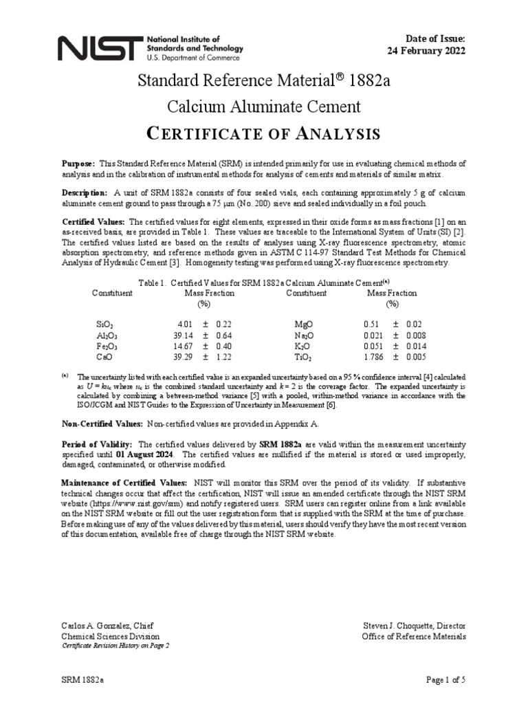 Standard Reference Material 1882a Calcium Aluminate Cement: Ertificate ...