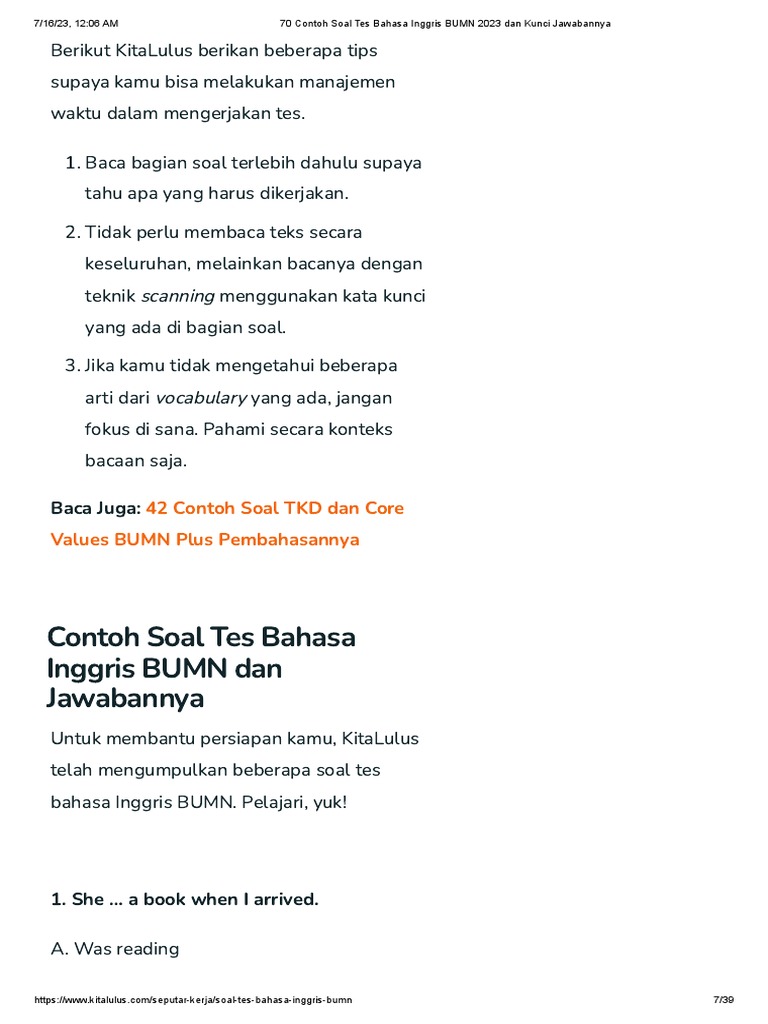 70 Contoh Soal Tes Bahasa Inggris BUMN 2023 Dan Kunci Jawabannya | PDF