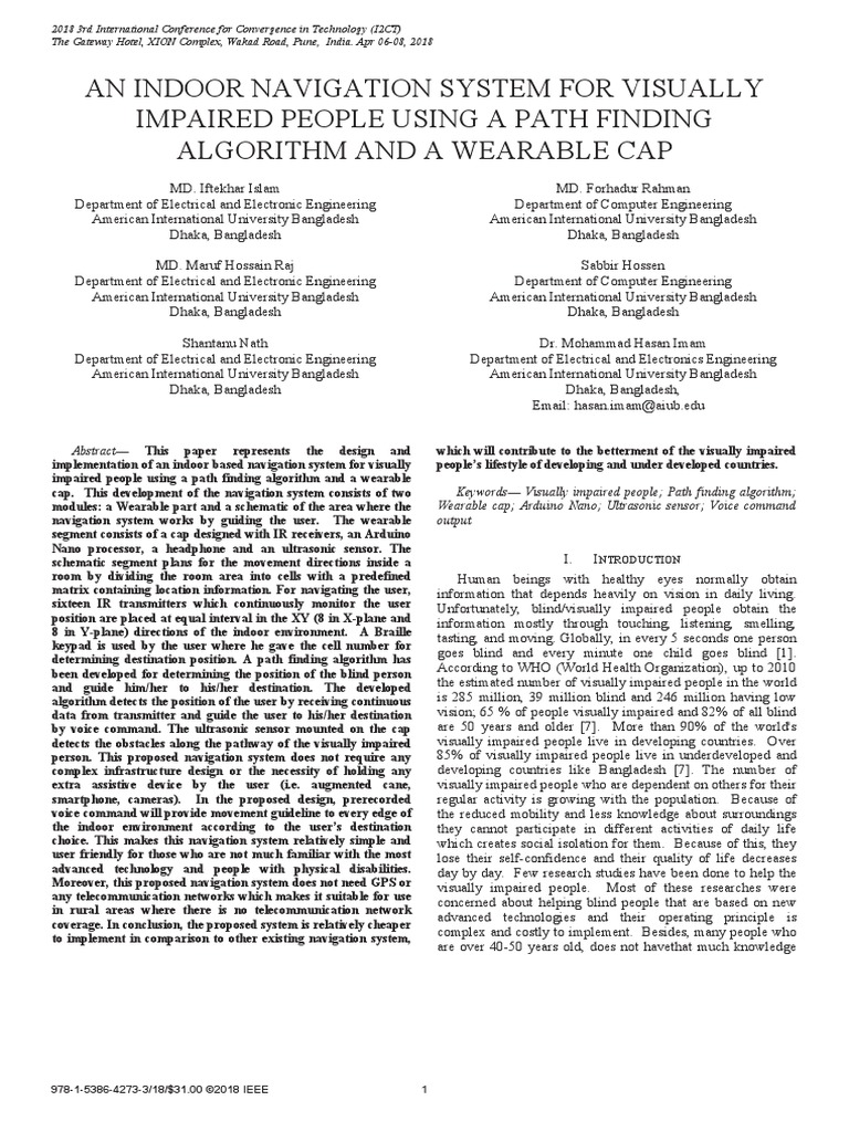 An INDOOR NAVIGATION SYSTEM For VISUALLY IMpaired People Using A Path Finding Wearable Cap | PDF ...