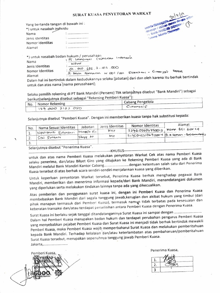 Surat Kuasa Penyetoran Warkat Bank Mandiri | PDF