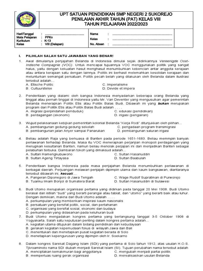 Soal Pat PPKN Kelas 8 - 2022-2023 | PDF