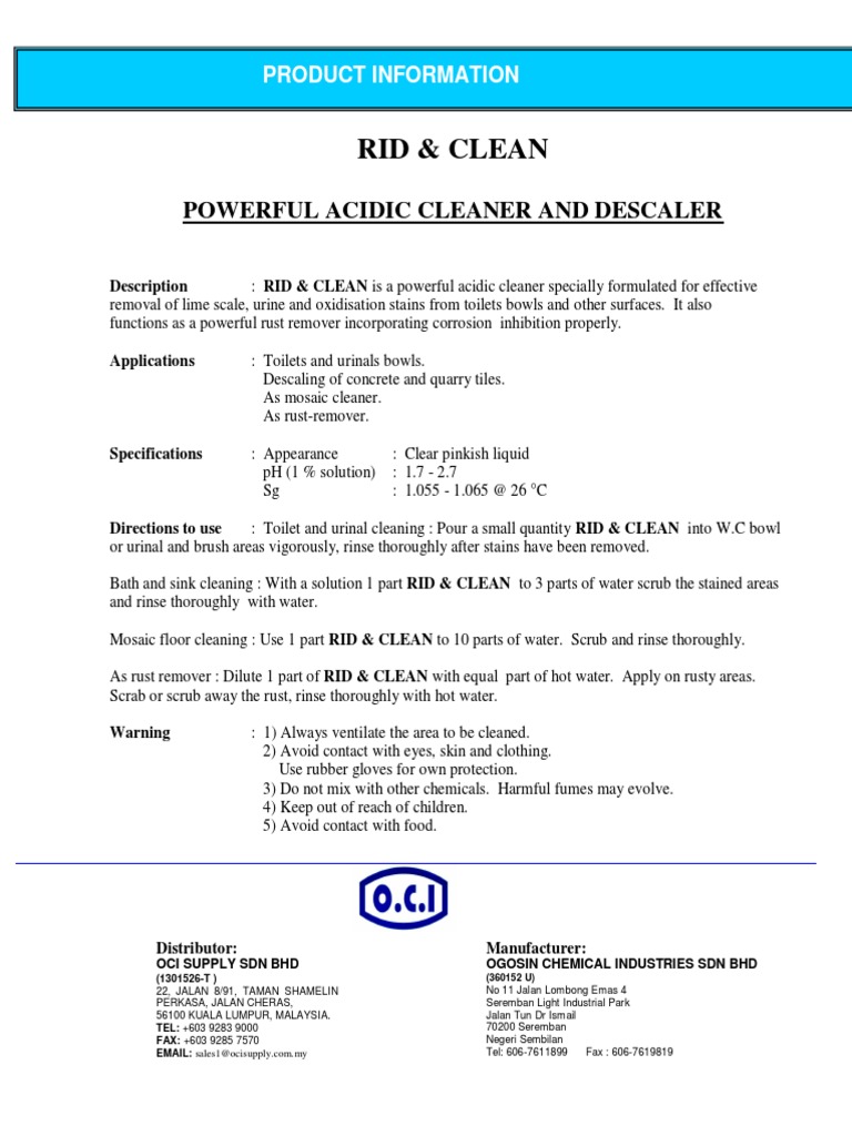 Rid and Clean Safety Data | PDF | Water | Chemistry