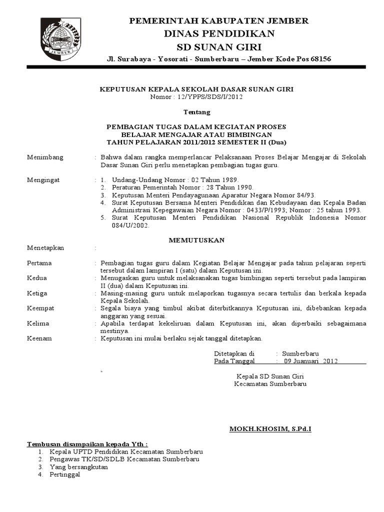 SK Pembagian Tugas SD Sunan Giri | PDF