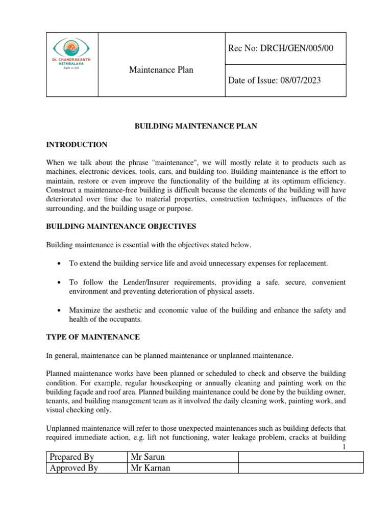 Maintenance Plan | Download Free PDF | Building | Leak