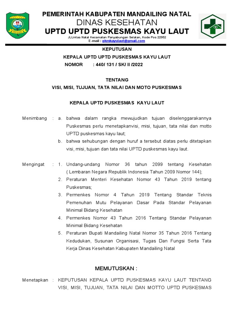Visi dan Misi Puskesmas Kayu Laut | PDF