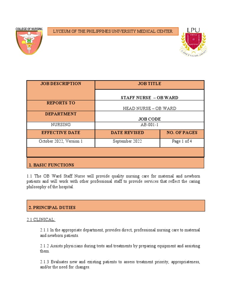 Staff Nurse Job Description - OB Ward | PDF | Nursing | Patient
