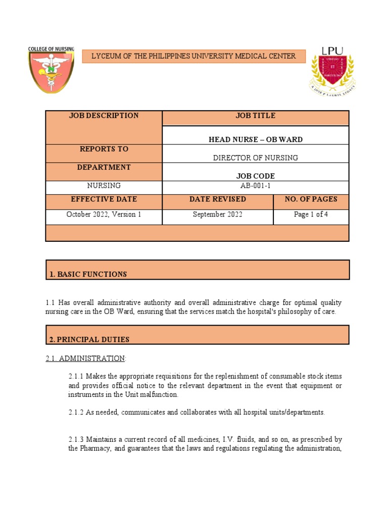 Job Description Head Nurse | PDF