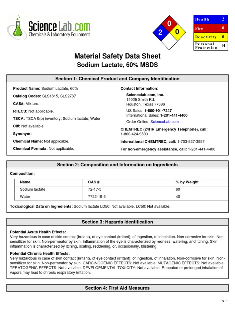 Sodium Lactate Msds | PDF | Water | Personal Protective Equipment