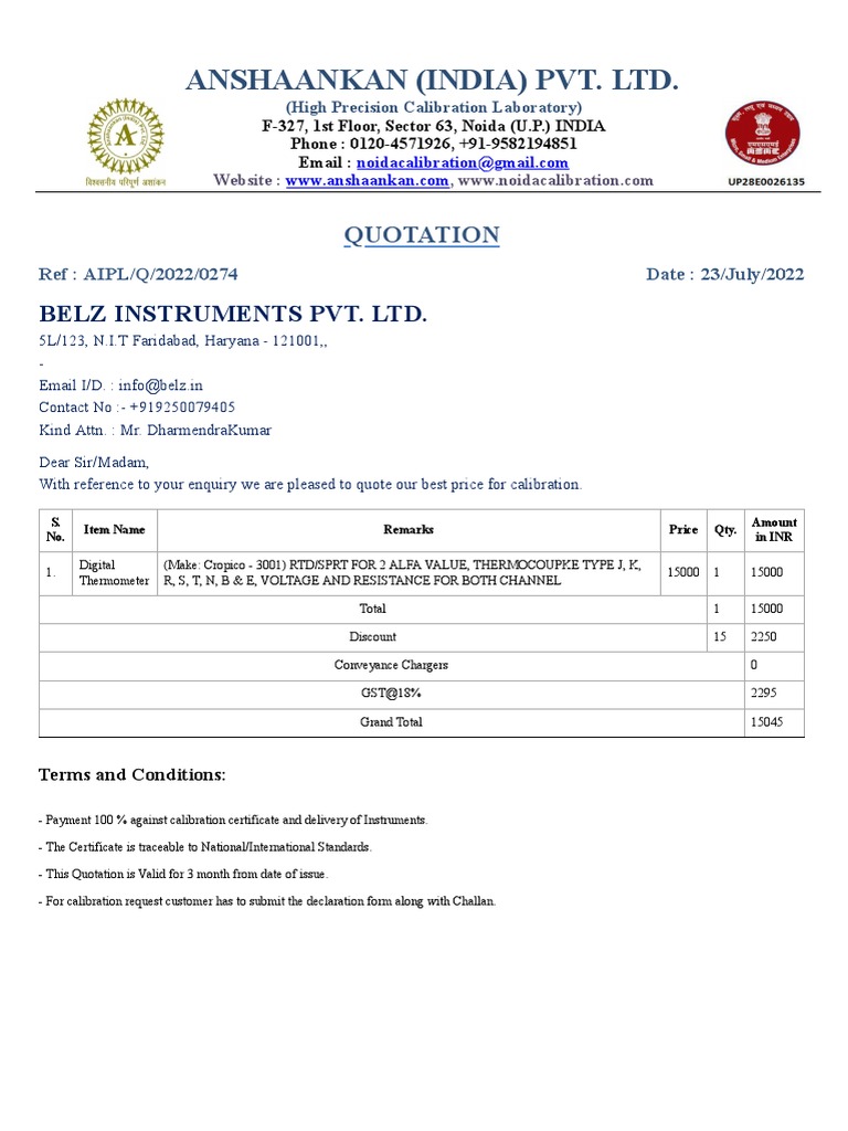 2022-0274 - Belz Instruments Pvt. LTD | PDF | Calibration | Metrology
