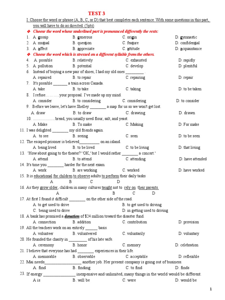 English Grammar and Vocabulary Test | PDF | Sports | Ellipsis