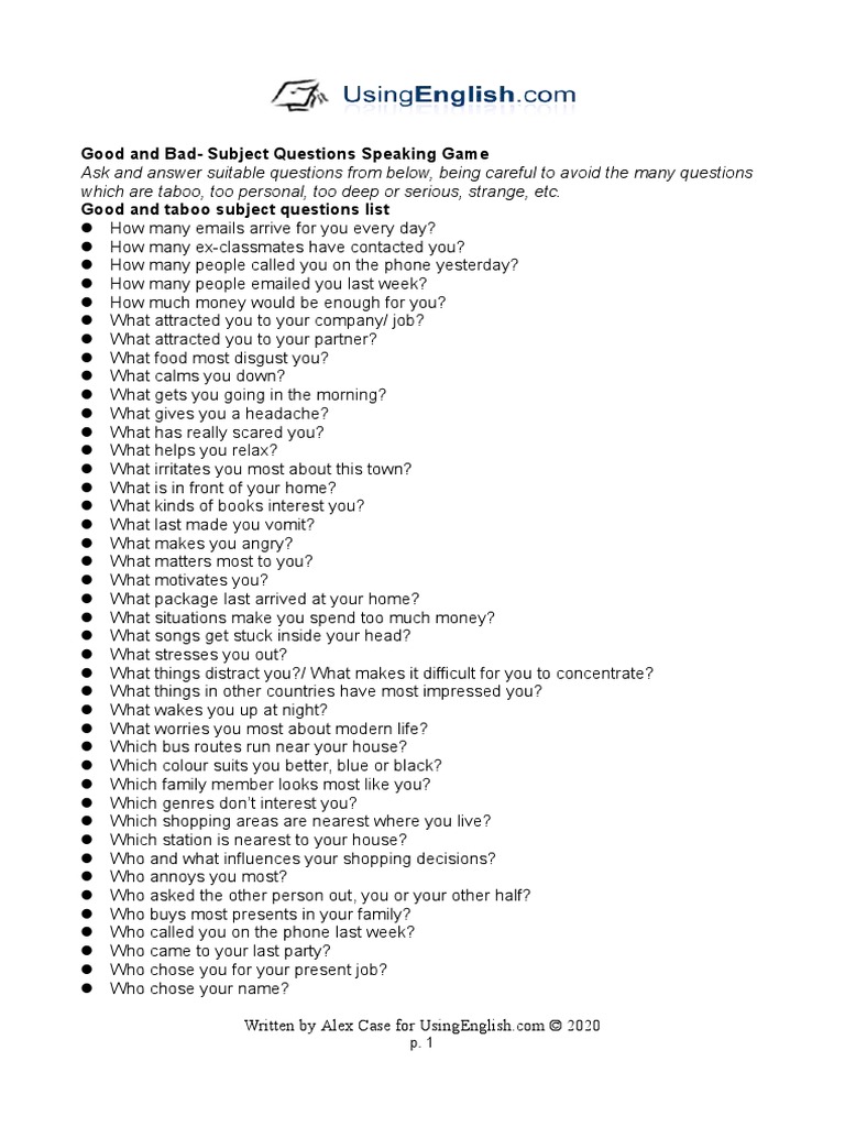 Good and Bad Subject Questions Speaking Game | PDF