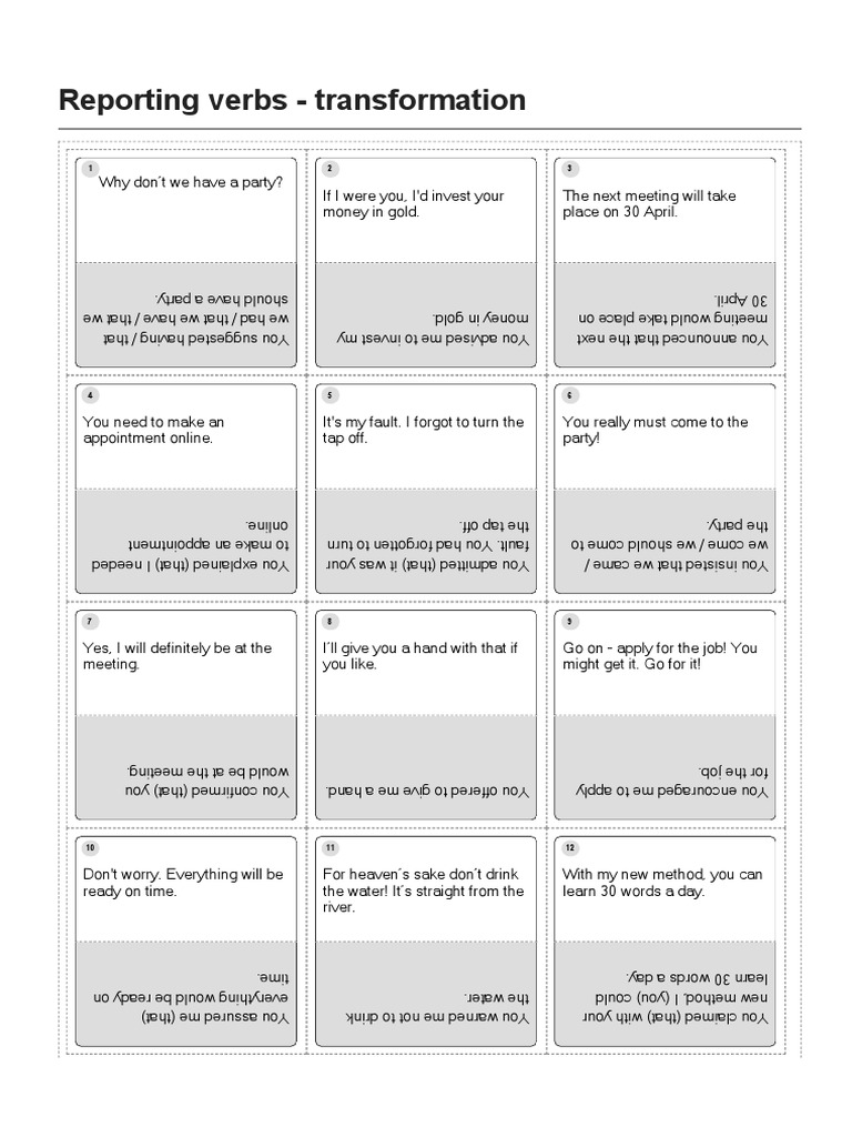 Reporting Verbs Transformation Cards | PDF