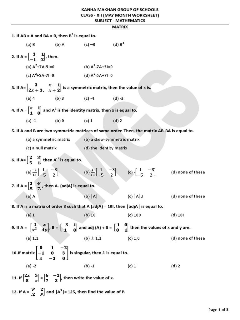 Class-12 Matrix Worksheet | PDF | Matrix (Mathematics) | Functions And Mappings