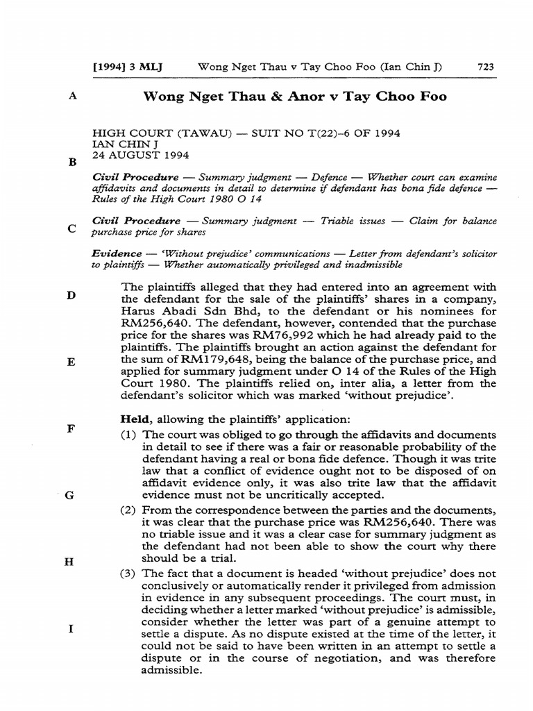 WONG NGET THAU & ANOR V TAY CHOO FOO | PDF