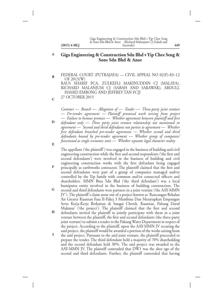 Giga Engineering & Construction SDN BHD V Yip Chee Seng & Sons SDN BHD & Anor | PDF | Pleading ...