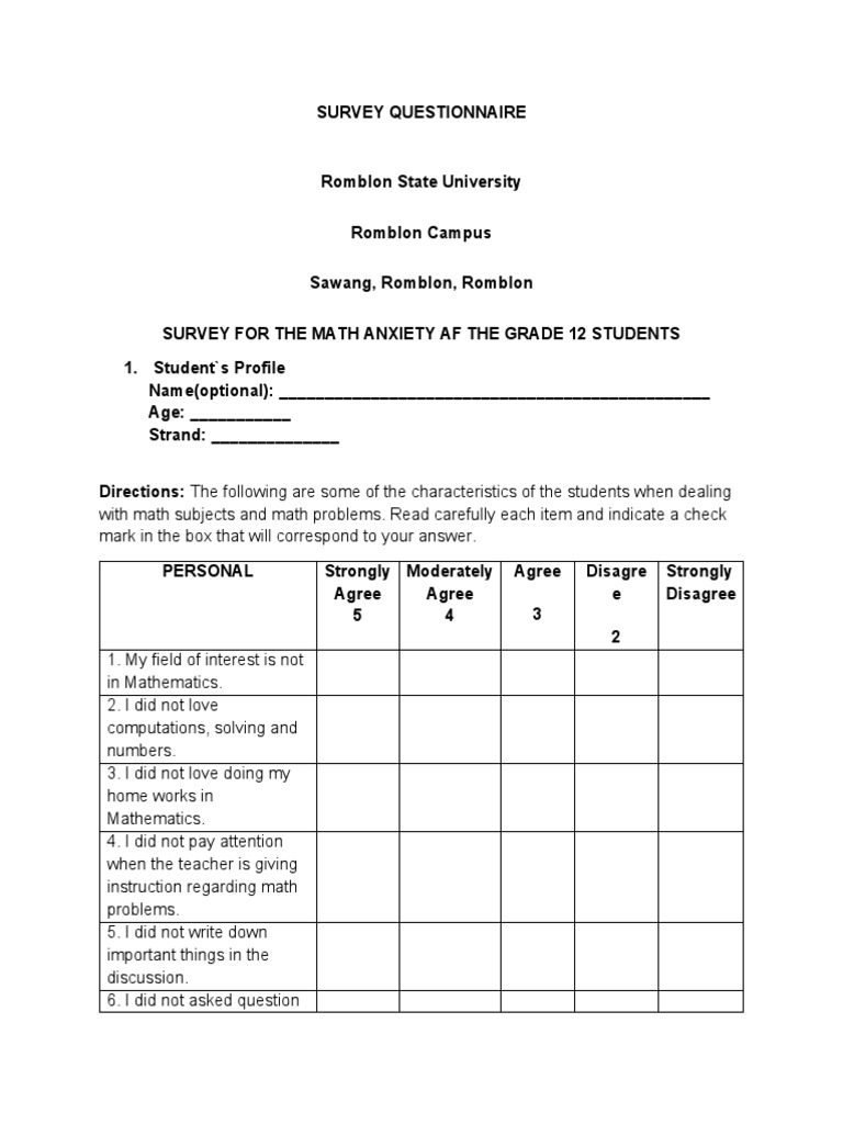 Math Anxiety Survey for Grade 12 Students | PDF | Mathematics | Science