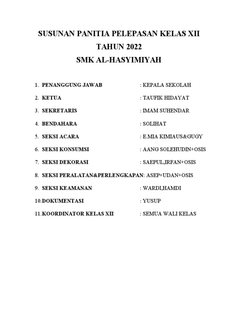 Susunan Panitia & Acara Perpisahan SMK 2022 | PDF