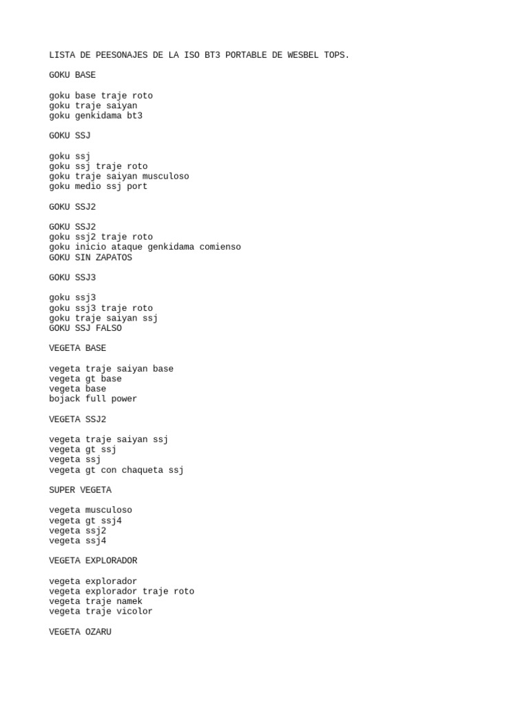 Lista de Personajes Bt3 | PDF | esfera del dragón