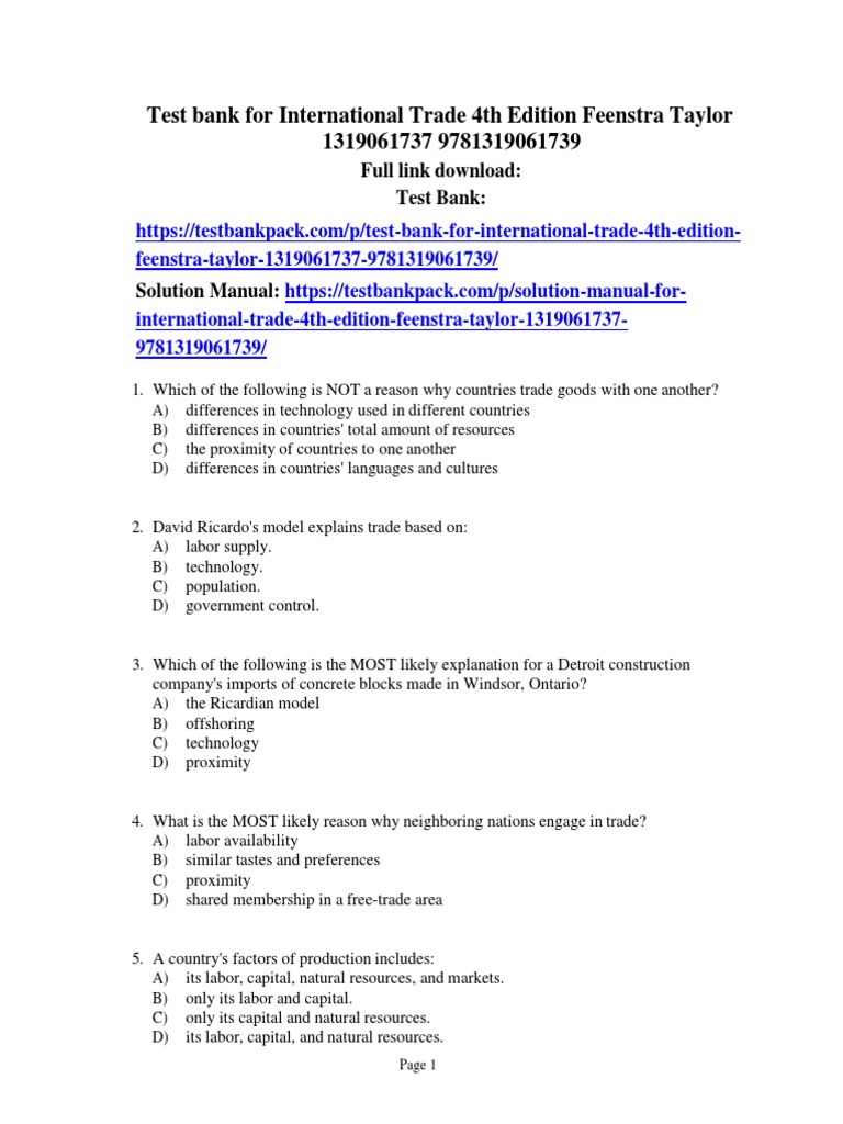 International Trade 4th Edition Feenstra Taylor Test Bank | PDF ...