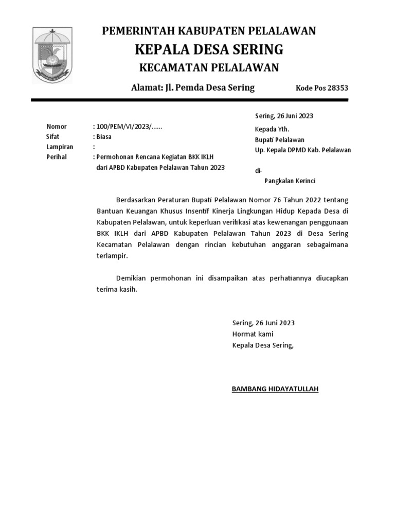 Surat Permohonan BKK IKLH Desa Sering | PDF