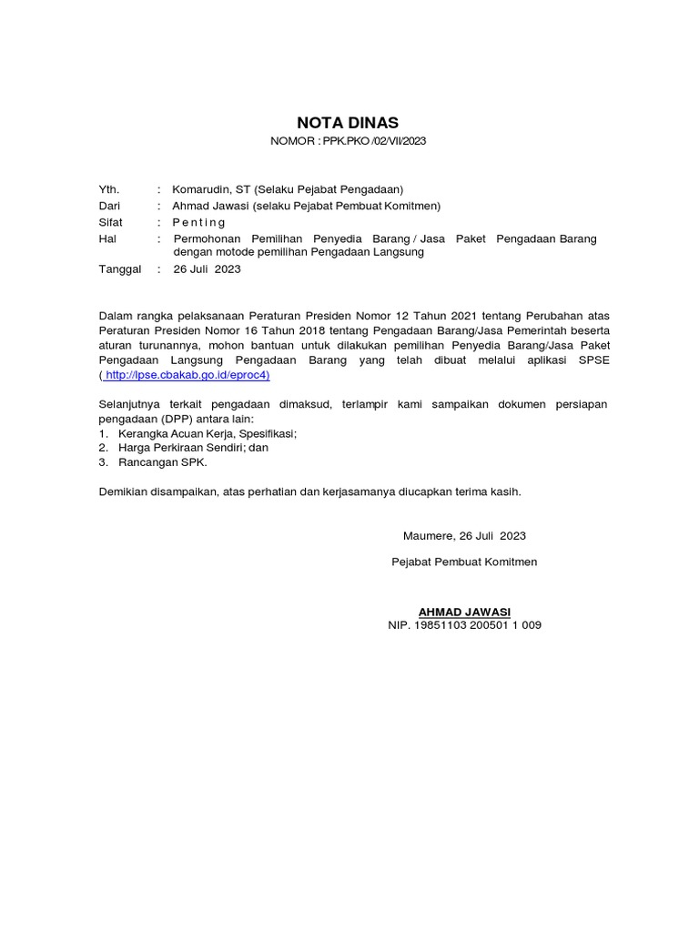 Nota Dinas Pengadaan Langsung | PDF