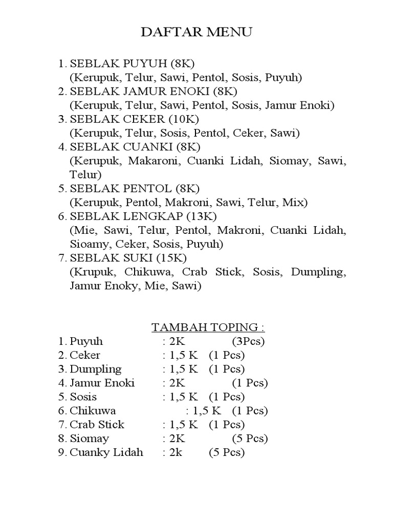 Daftar Menu Seblak | PDF