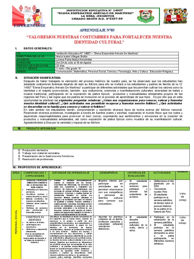 Experiencia de Aprendizaje N°5 Julio - Agosto | PDF