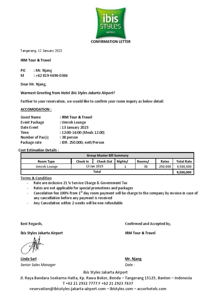 0016 - Confirmation Letter - IRM Tour & Travel 13 Jan 2023 | PDF